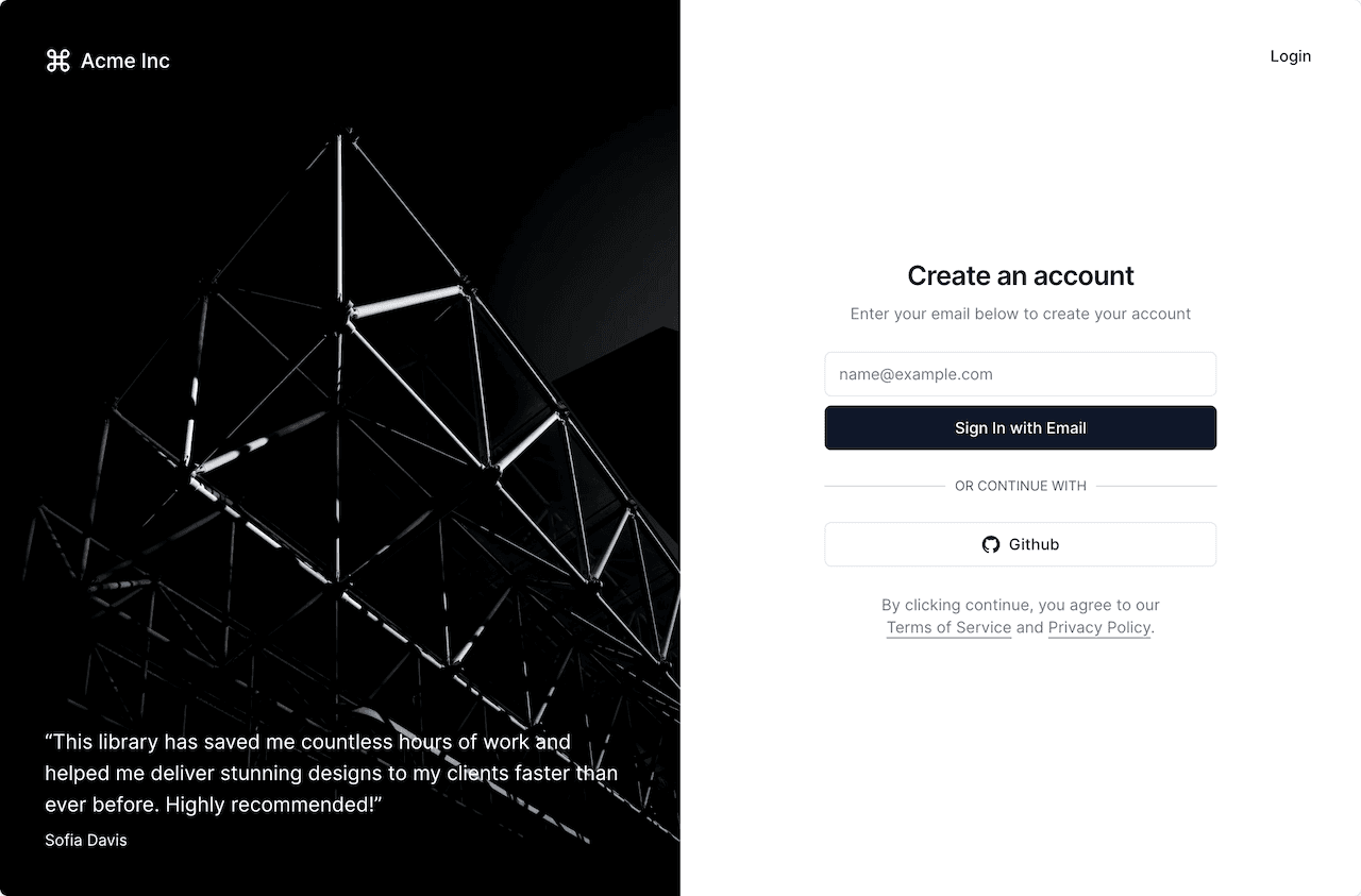 Authentication Page - shadxn